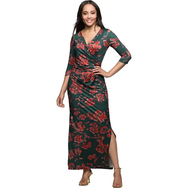 24SEVEN COMFORT APPAREL Floral Print Three Quarter Sleeve Side Slit Maxi Dress - Orange Multi