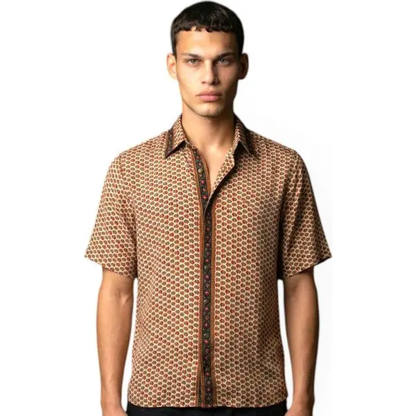 MONZLAPUR Embossed Botanical Short Sleeve Crepe Shirt - Copper