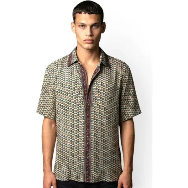 MONZLAPUR Embossed Botanical Short Sleeve Crepe Shirt - Forest Plum
