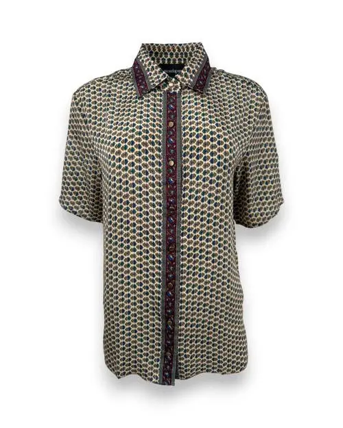 MONZLAPUR Embossed Botanical Short Sleeve Crepe Shirt - Forest Plum