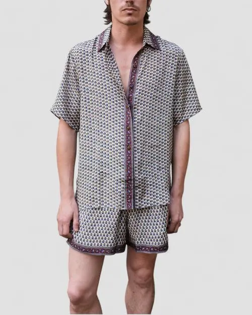MONZLAPUR Embossed Botanical Short Sleeve Crepe Shirt - Forest Plum