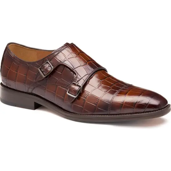 Johnston & Murphy Sullivan Cap Toe Double Monk Strap Shoes - Mahogany Croc Italian Calfskin