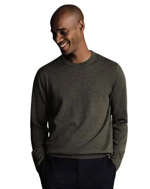 CHARLES TYRWHITT Pure Merino Crew Neck Sweater - Olive Green
