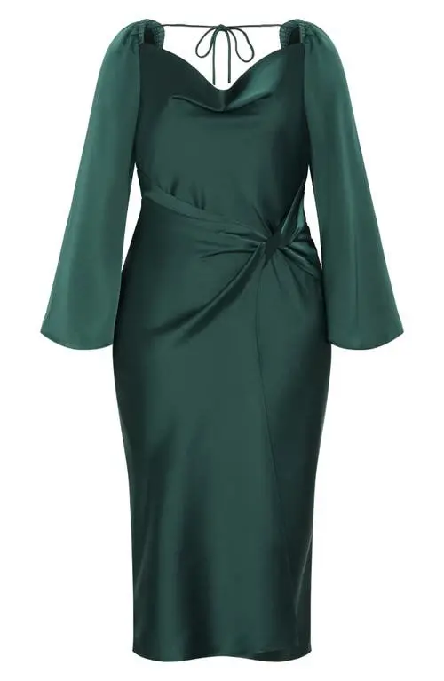 City Chic Adelina Long Sleeve Satin Midi Dress - Forest