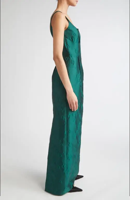 Emilia Wickstead Sharon Sleeveless Ditsy Metallic Floral Jacquard Column  Gown - Emerald Green | Editorialist