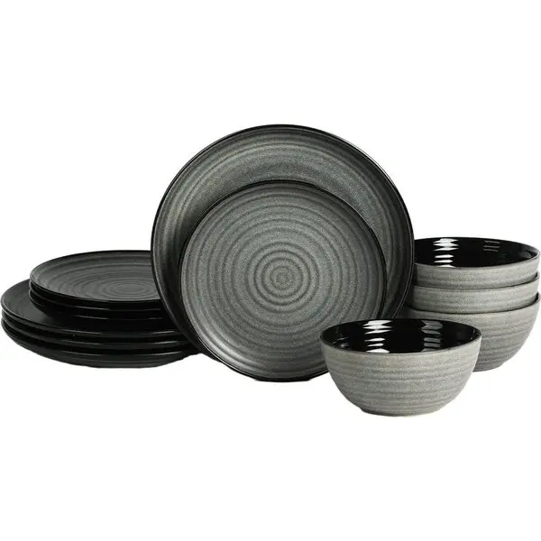 STONE + LAIN Dua Stoneware 12-piece Dinnerware Set - Black