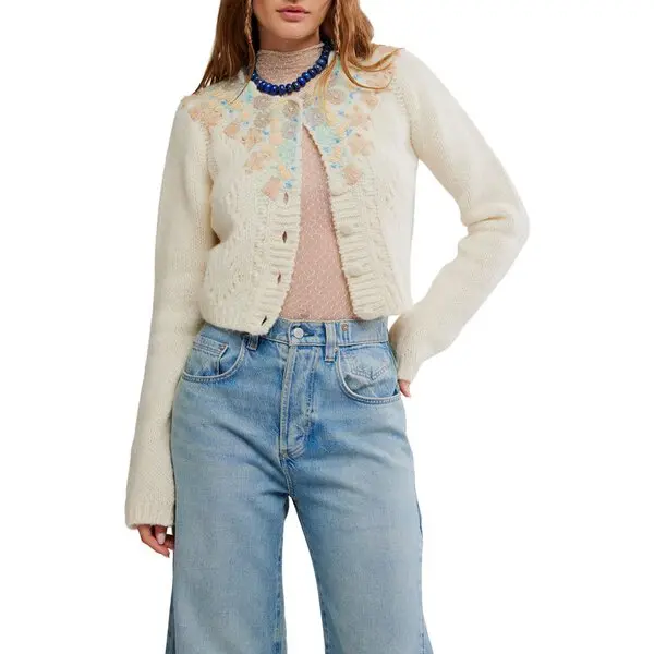 Free People Pixie Beaded Floral Cardigan - Ivory