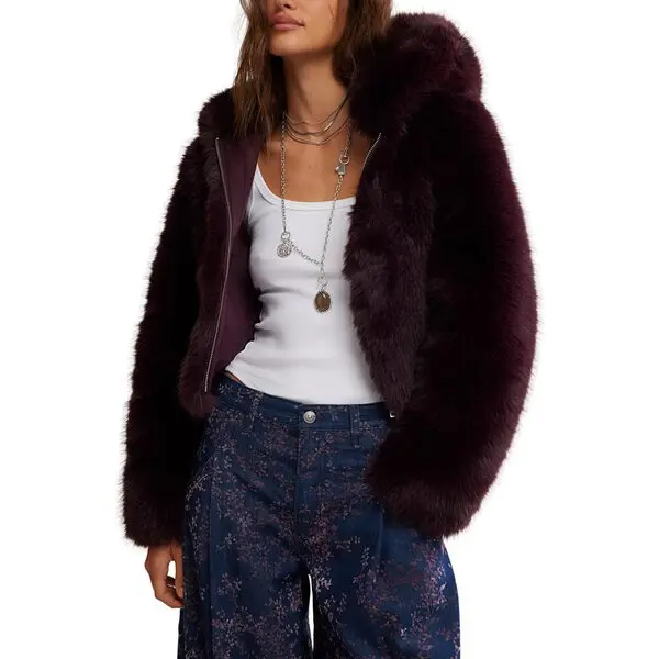 Free People Louder Please Hooded Faux Fur Jacket