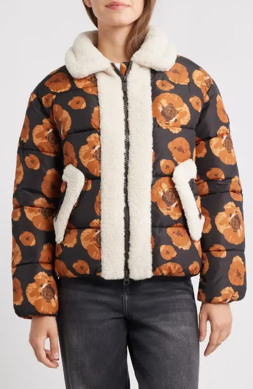 SAVE THE DUCK Floral Puffer Jacket With Fleece Trim - Macro Beige/brown Flowers