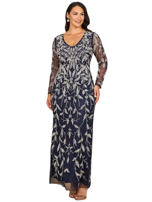 LARA NEW YORK Long Sleeve Beaded Gown - Navy