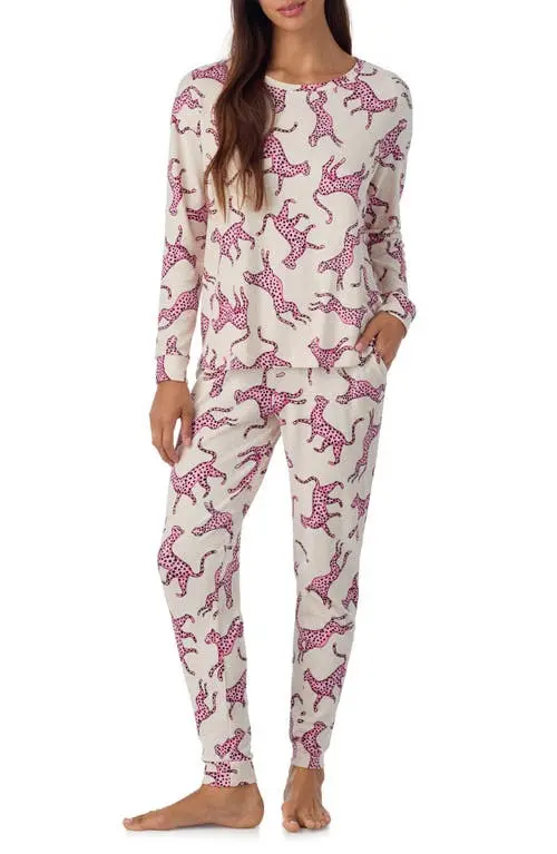 ROOM SERVICE Long Sleeve Print Pajamas - Oatmeal/pink Leopard Print