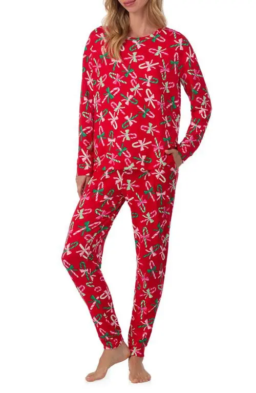 ROOM SERVICE Long Sleeve Print Pajamas - Red/candy Cane Print