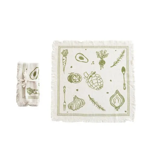 STORIED HOME Cotton And Linen Napkins With Fringe Design - Green