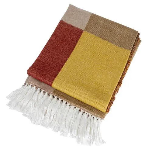 STORIED HOME Cotton Blend Throw Blanket With Block Print And Fringe - Brown