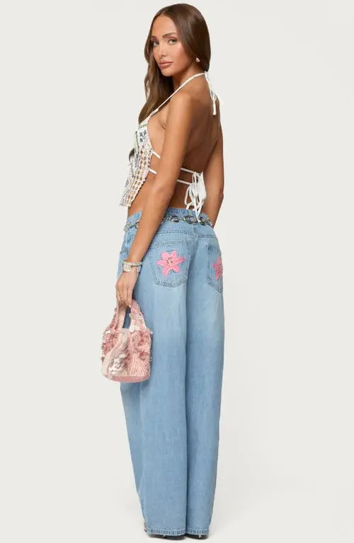 EDIKTED Mirra Flower Pocket Low-rise Wide-leg Jeans