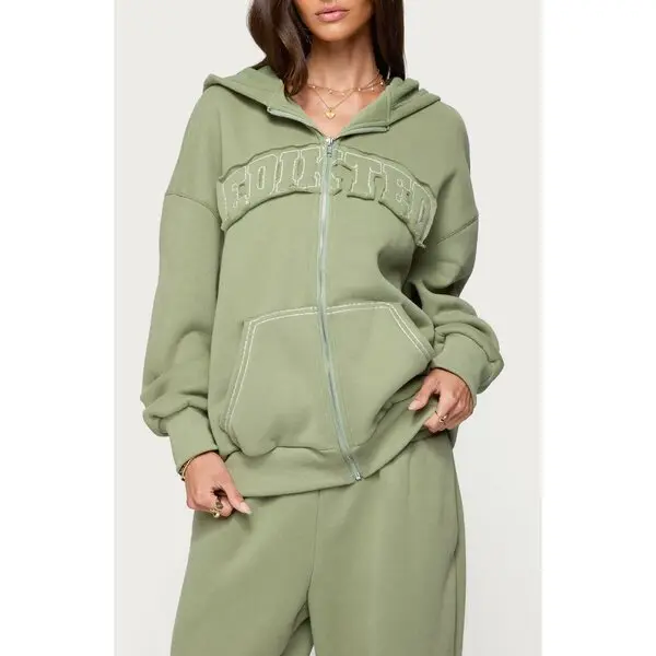 EDIKTED Forever Appliqué Zip Hoodie - Olive