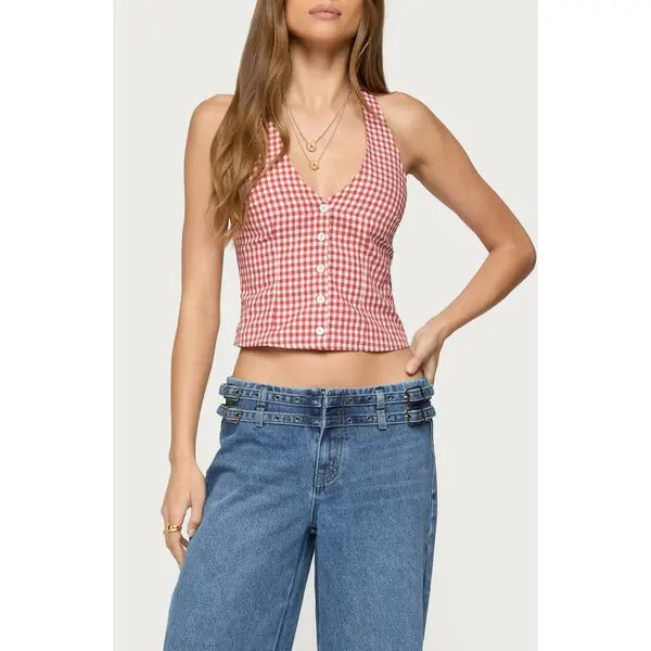 EDIKTED Gingham Cotton Halter Top - Red