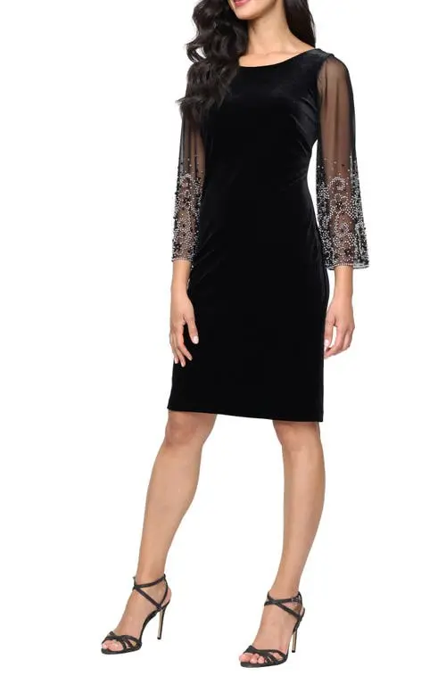 Alex Evenings Embellished Sheer Sleeve Stretch Velvet Sheath Dress - Black