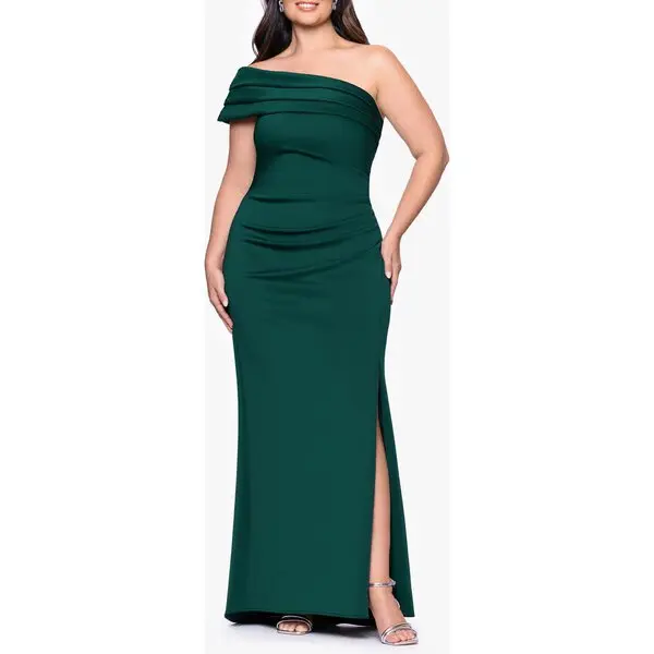 XSCAPE EVENINGS Pleated One-shoulder Mermaid Gown - Hunter