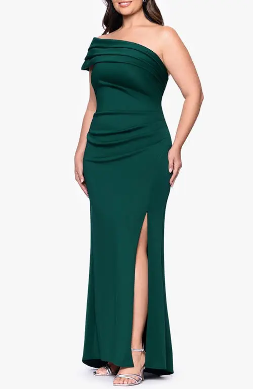 XSCAPE EVENINGS Pleated One-shoulder Mermaid Gown - Hunter