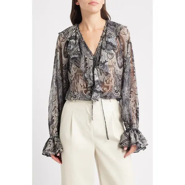 Kobi Halperin Locke Paisley Ruffle Chiffon Top