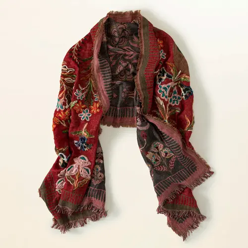 UNCOMMON GOODS Embroidered Garden Wrap Vismaya Collection - Rich Red/multi