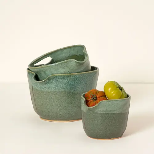 UNCOMMON GOODS Nesting Stoneware Mixing Bowlsset Of 3 Maggy Ames Handmade - Green