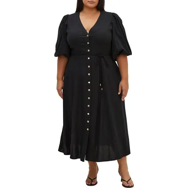 City Chic Bella Puff Sleeve Button-up Dress