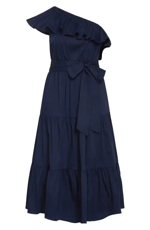 City Chic Kiama Ruffle One-shoulder Tie Belt Tiered Dress