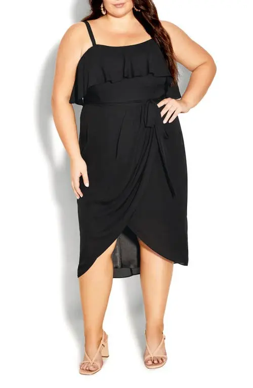 City Chic Fable Ruffle Tie Belt Dress - Black