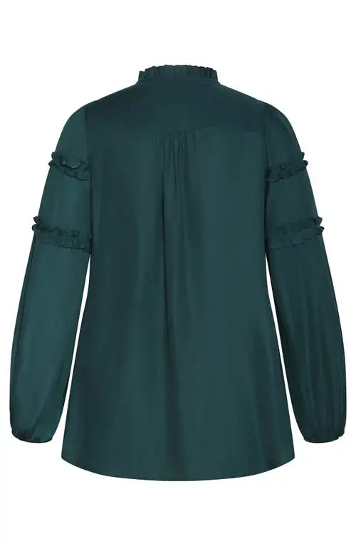 City Chic Ruffle Puff Sleeve Tie Neck Peasant Blouse - Emerald