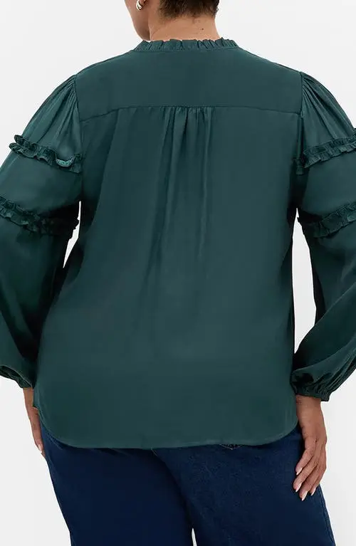 City Chic Ruffle Puff Sleeve Tie Neck Peasant Blouse - Emerald