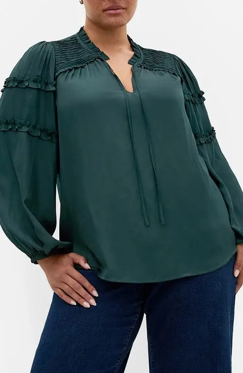 City Chic Ruffle Puff Sleeve Tie Neck Peasant Blouse - Emerald