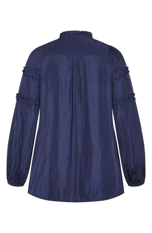 City Chic Ruffle Puff Sleeve Peasant Blouse - Navy
