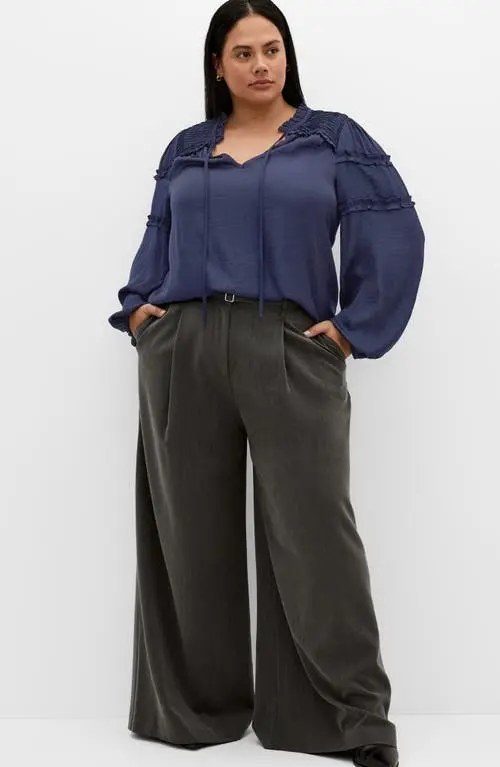 City Chic Ruffle Puff Sleeve Peasant Blouse - Navy