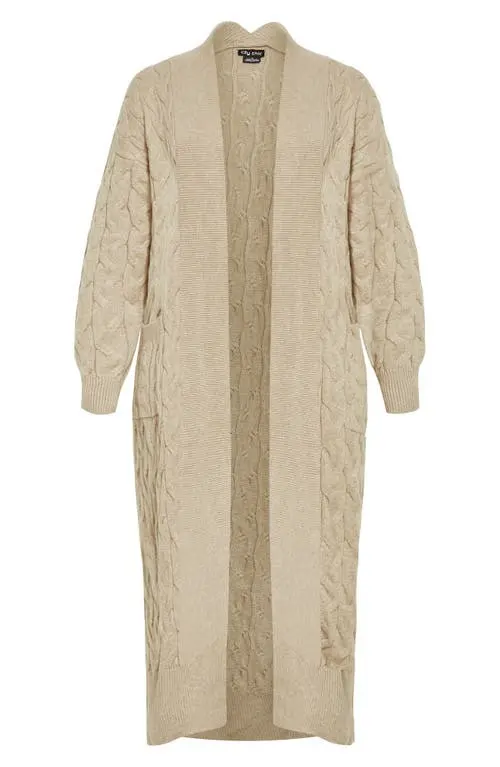 City Chic Charissa Cable-stitch Longline Cardigan - Cream