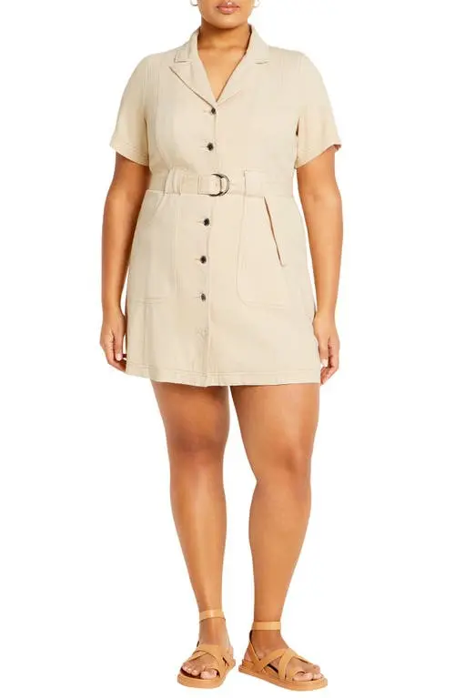 City Chic Aleah Belted Denim Button-up Shirtdress - Stone