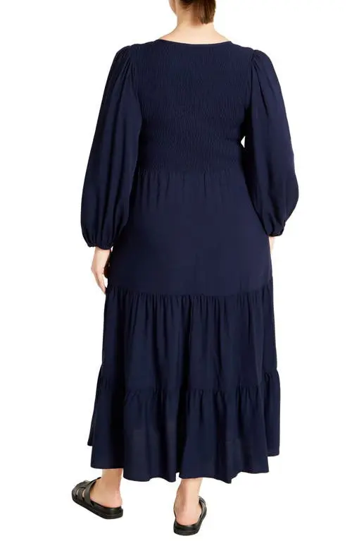 City Chic Athena Freya Long Sleeve Tiered Maxi Dress - Navy