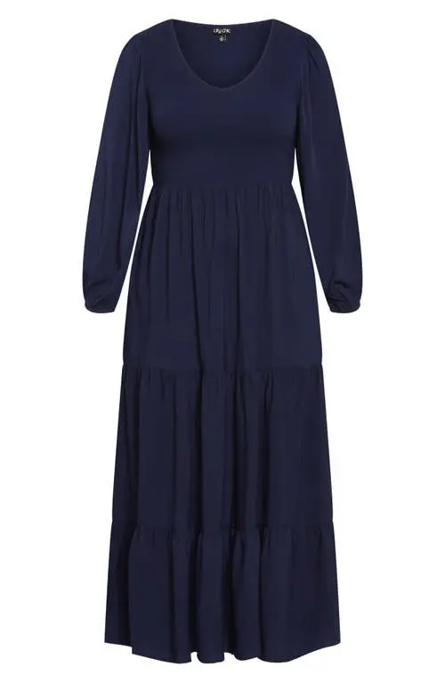 City Chic Athena Freya Long Sleeve Tiered Maxi Dress - Navy