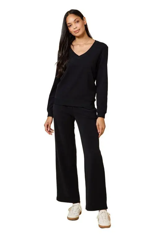 SOFTIES Vintage Velvet V-neck & Wide Leg Pant Set - Black