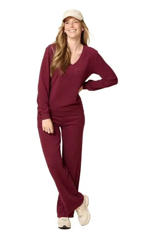 SOFTIES Vintage Velvet V-neck & Wide Leg Pant Set - Cherry Cola