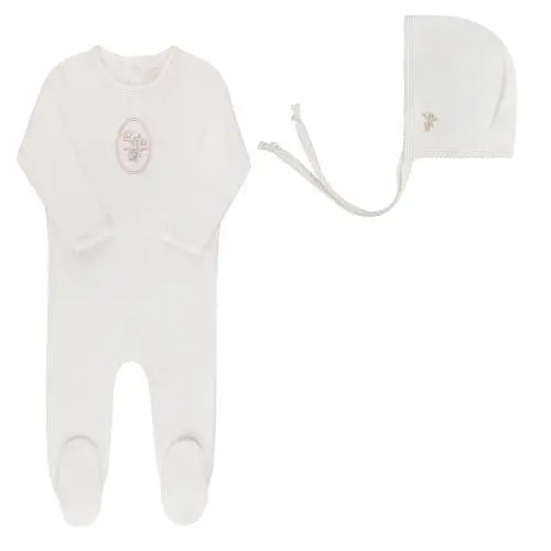 ELY'S & CO. Velour Footie And Bonnet Set - Ivory Rosegold