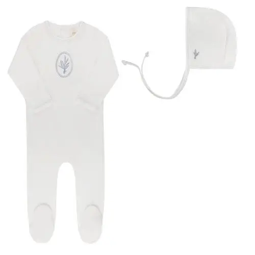ELY'S & CO. Velour Footie And Bonnet Set - Ivory/blue