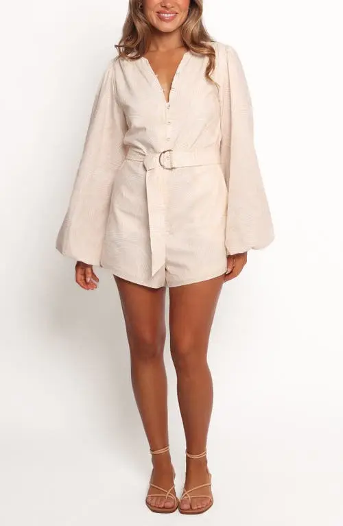 PETAL & PUP Cassian Belted Long Sleeve Cotton & Linen Romper - Tan Swirl