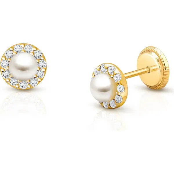 TINY BLESSINGS 14k Gold Pearl Halo Stud Screw Back Earrings - 14k Yellow Gold