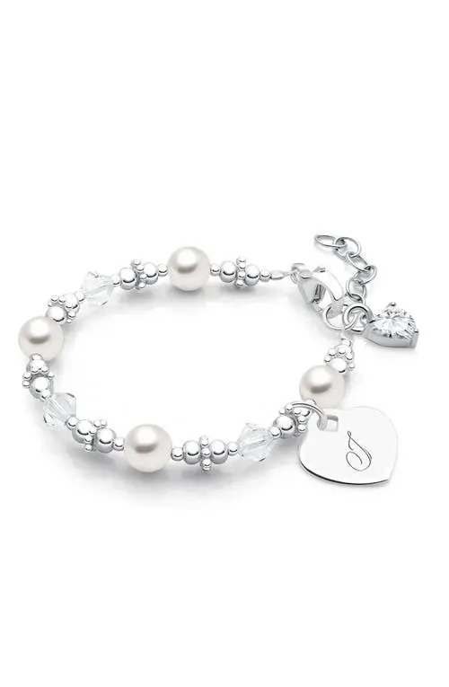 TINY BLESSINGS Sterling Silver Bracelet With Crystals, Pearls, And Engraved Initial - Silver - J