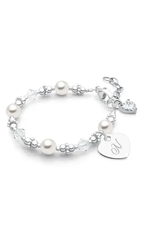 TINY BLESSINGS Sterling Silver Bracelet With Crystals, Pearls, And Engraved Initial - Silver - N