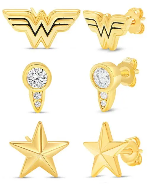 DC COMICS Wonder Logo, Star, And Crystal Stud Earrings Set - Goldone