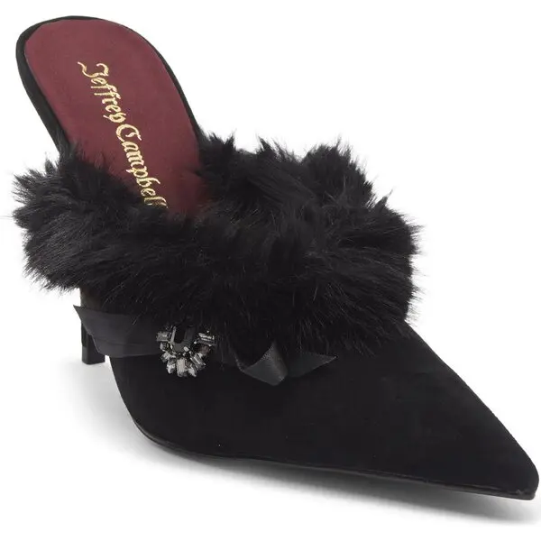 Jeffrey Campbell Rococo Faux Fur Mule - Black Suede Combo