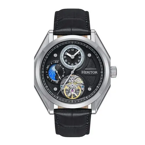 HERITOR AUTOMATIC Stainless Steel And Leather Strap Watch - Black